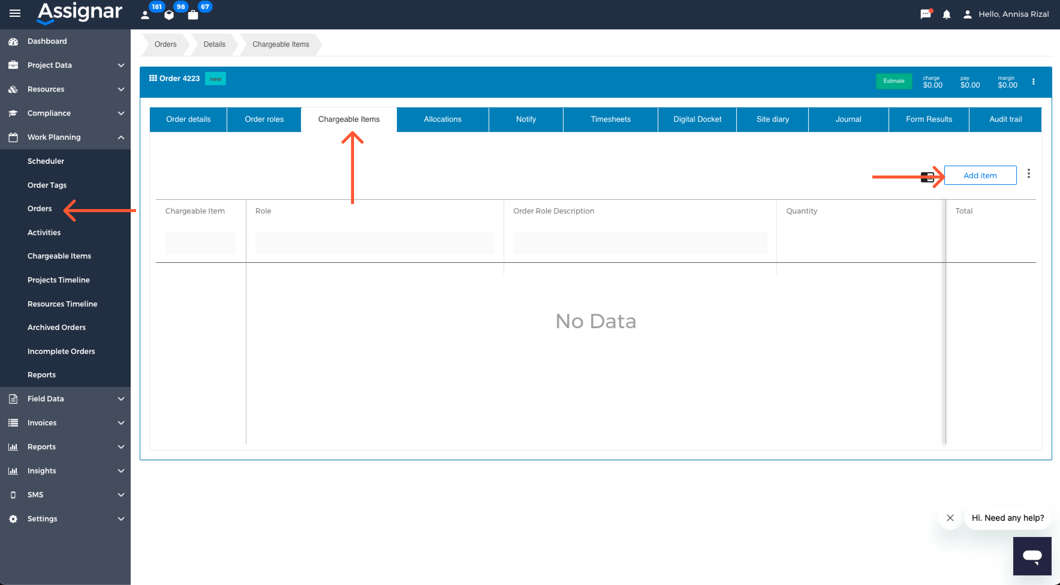 Add Chargeable Items to an Order – Assignar Support